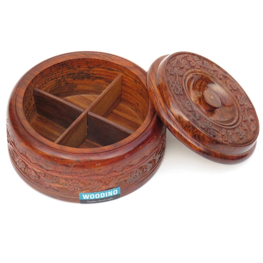 Wooden Hand Carved Sheesham Wood Container 4 Compartments For Dryfruits ...