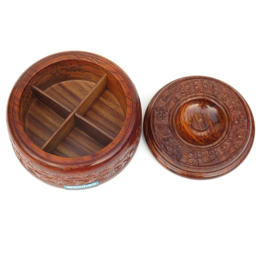 Wooden Hand Carved Sheesham Wood Container 4 Compartments For Dryfruits ...