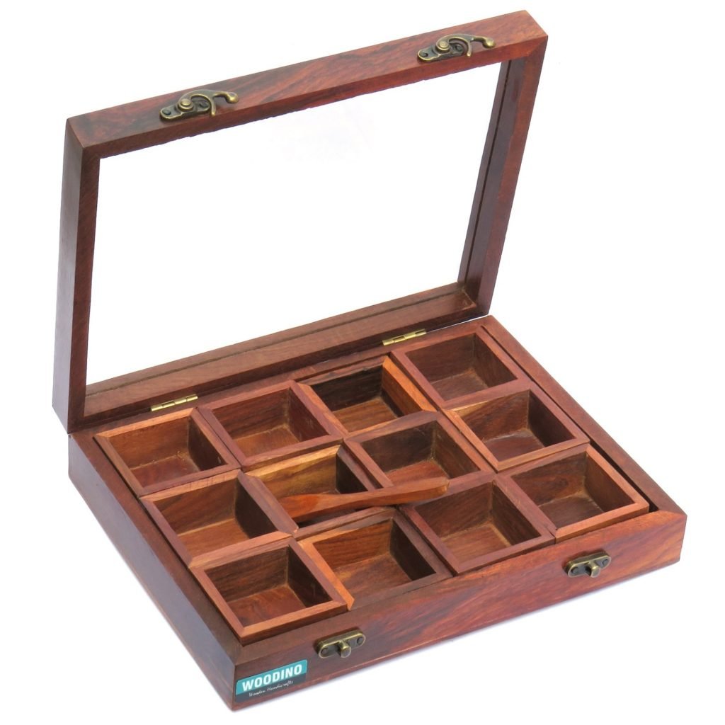 Woodino Sheesham Wood Spice Box II Dry Fruits Storage Box With Glaas ...